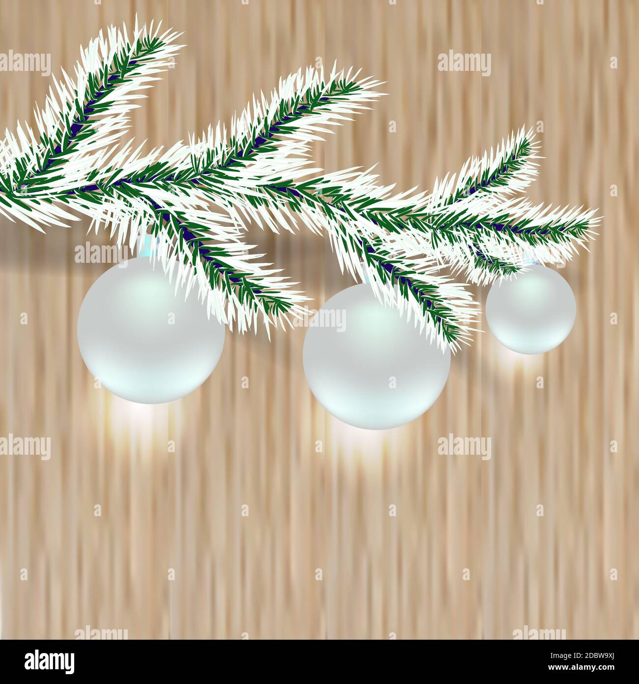 Sprig of tree with silver balls. Christmas, New Year. Wood background ...