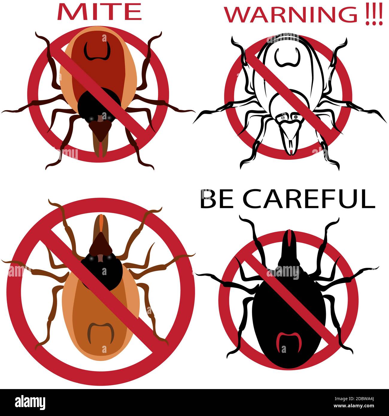 A set of warning sign. Spider mites. Red mite. Mite allergy. Epidemic ...