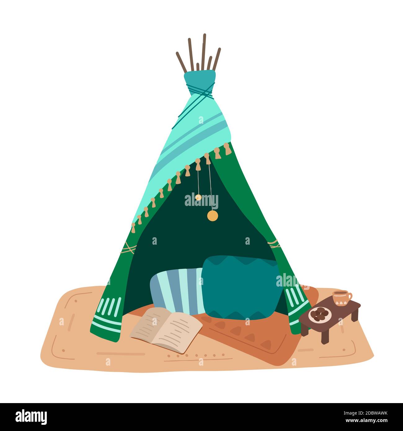 Flat illustration of blanket house with pillows, a garland and tea with ...