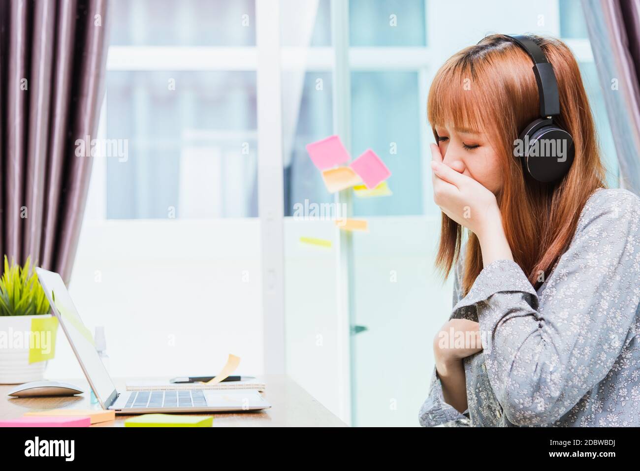 Work from home concept, Asian beautiful young woman, student girl tired ...