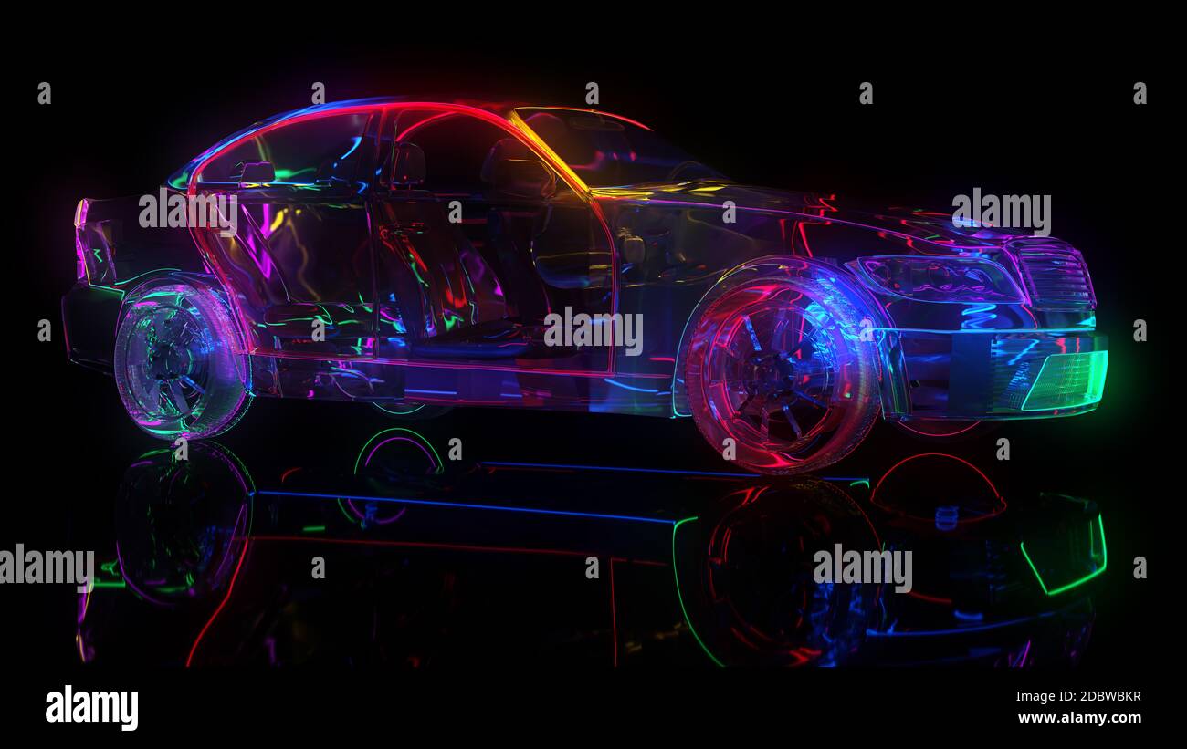 Glass car with neon lighting. The edges of the car are highlighted ...