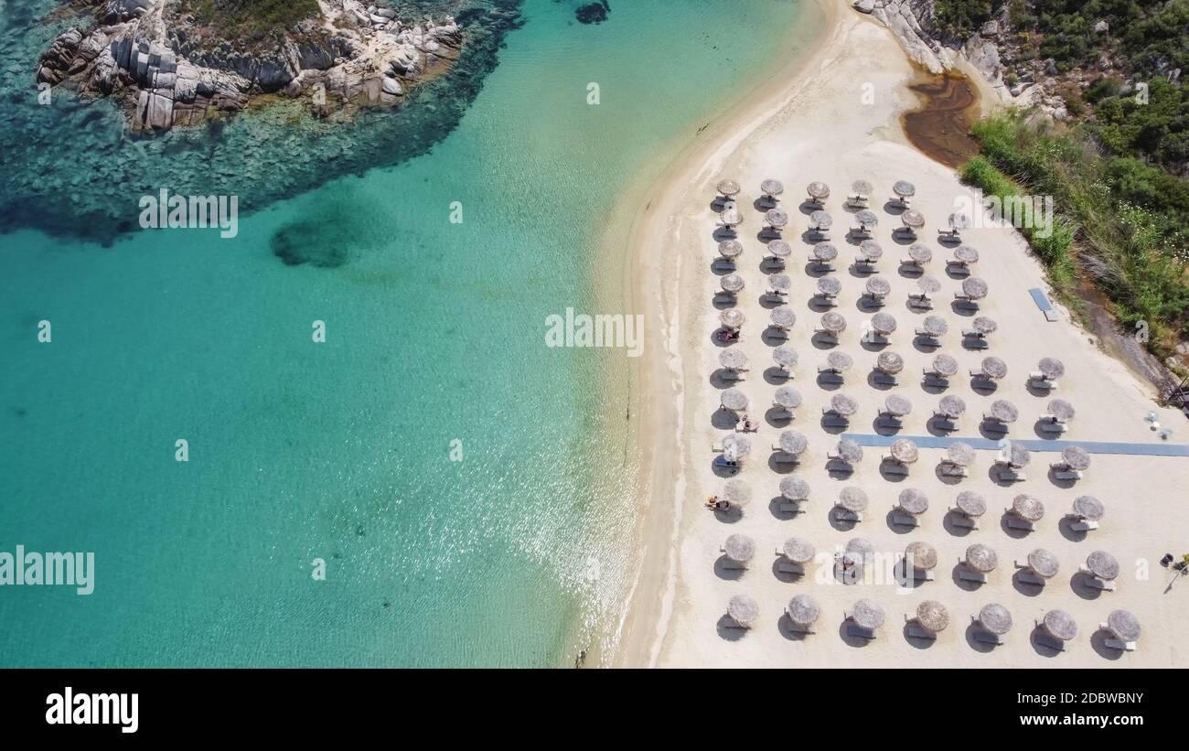 Mediterranean terrain Greek landscape sandy beach drone shot. Aerial ...