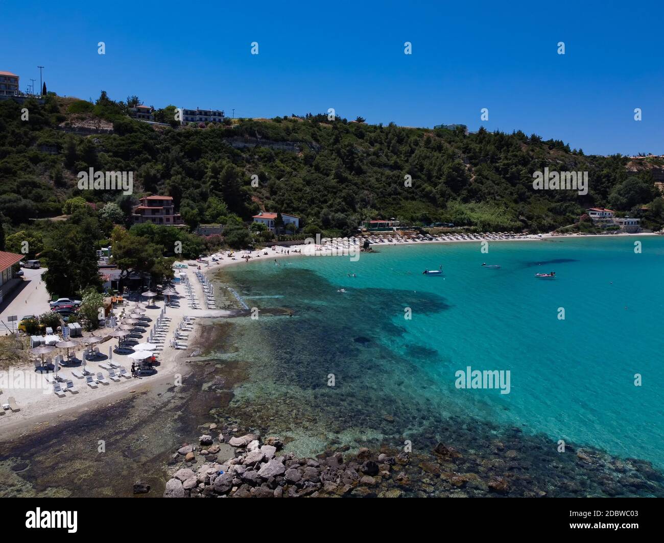 Mediterranean terrain Greek beach landscape drone shot. Aerial top view ...