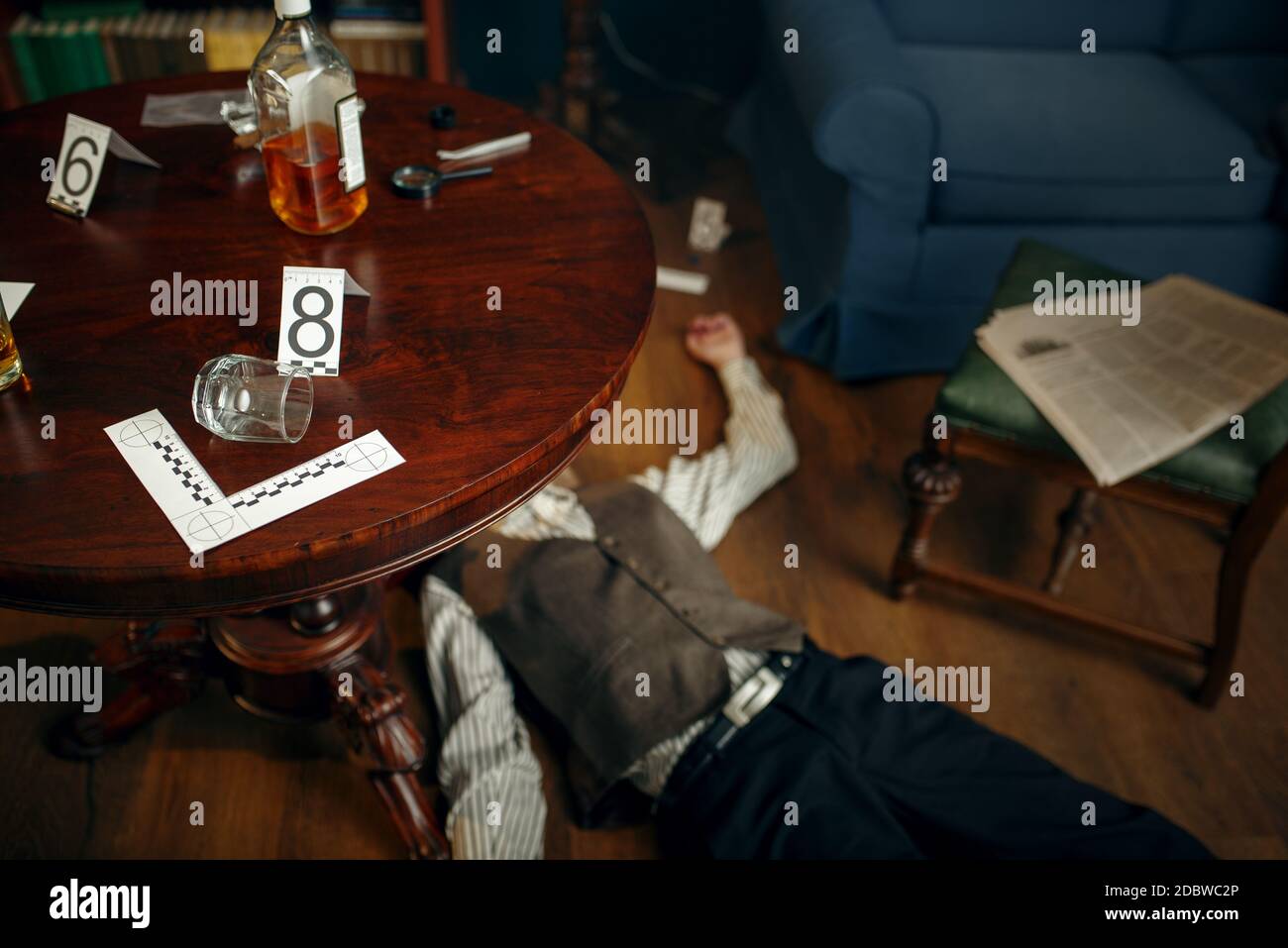 Murdered victim and evidence at the crime scene, retro style. Criminal ...