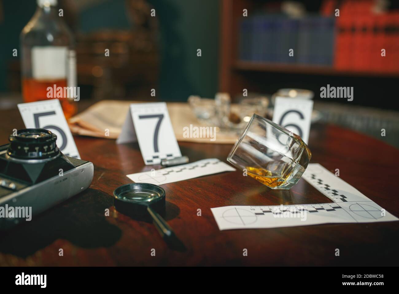 Crime scene, evidence with numbers on the table closeup, nobody ...