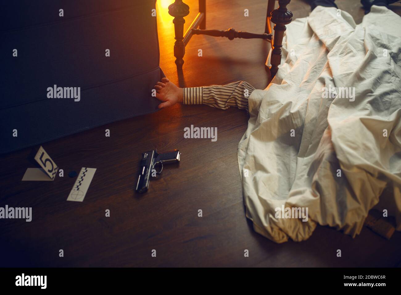 Dead man, victim and murder weapon, evidence at the crime scene, retro ...