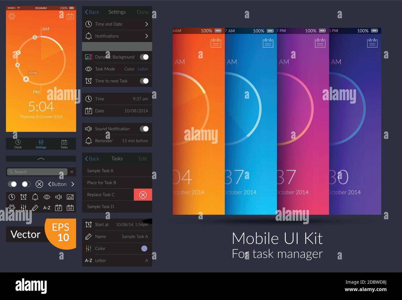 Colorful mobile task manager ui design kit flat vector illustration ...