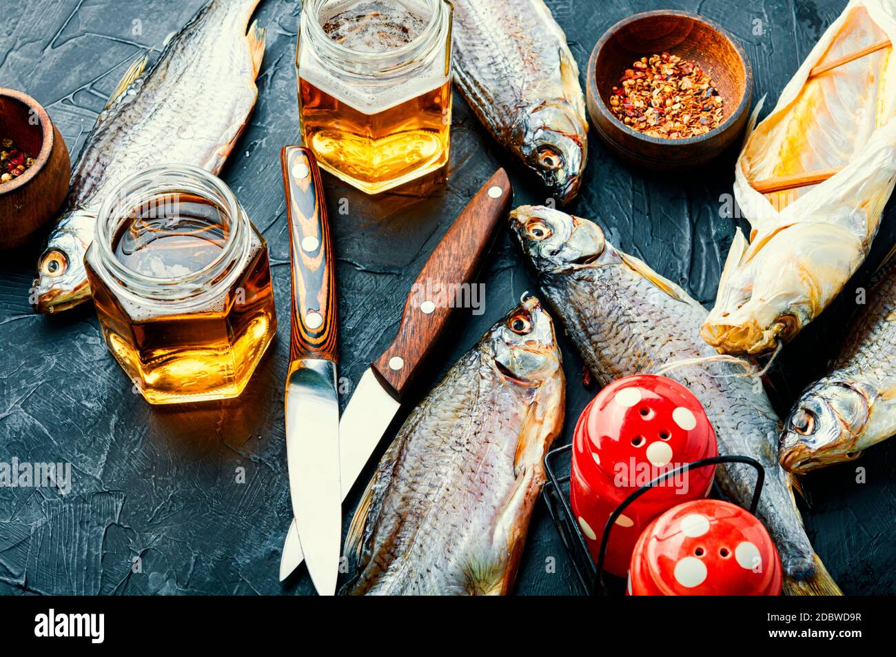 Dried fish on the table,salty dry sea fish for beer Stock Photo - Alamy