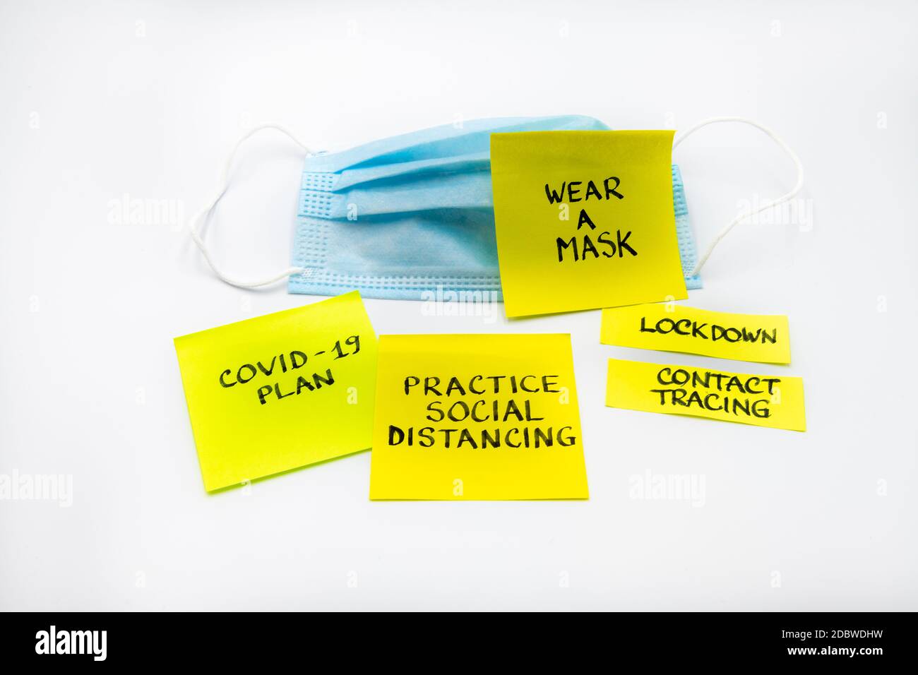 Single use medical face mask with handwritten messages on post-it notes ...