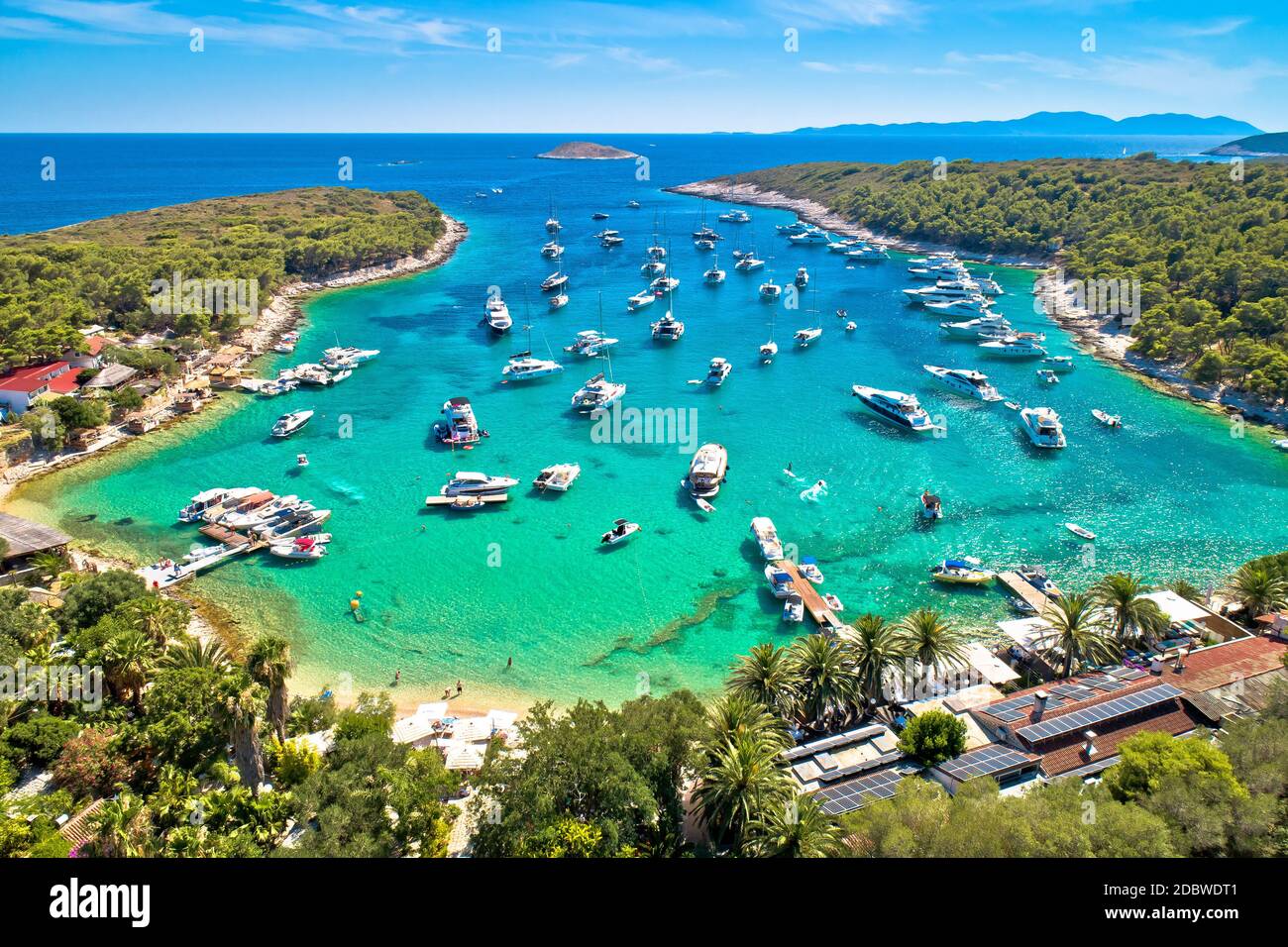 Aerial view of Palmizana, sailing cove and turquoise beach on Pakleni ...
