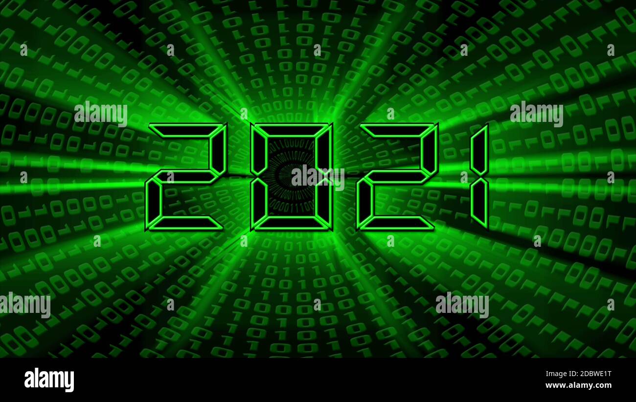 Year change 2021 - glowing green year digits in digital font - abstract ...