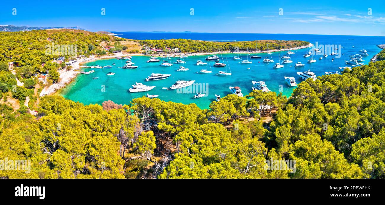 Aerial panoramic view of Palmizana, sailing cove and turquoise beach on ...