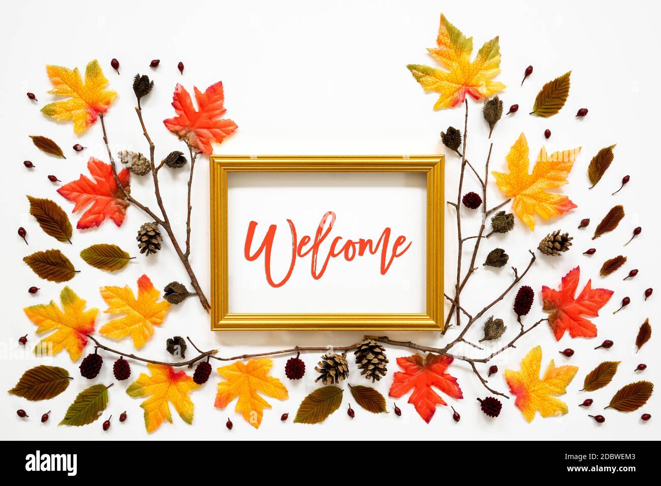 Golden Frame With English Text Welcome. Beautiful, Colorful Autumn Leaf ...