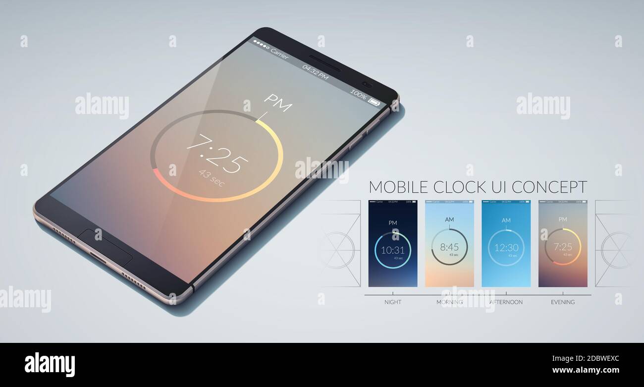 Mobile clock colorful ui design concept on light background flat vector ...