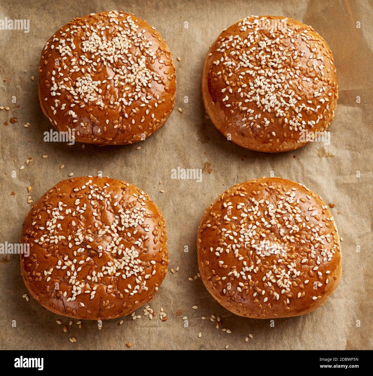 baked sesame buns on brown parchment paper, ingredient for a hamburger ...
