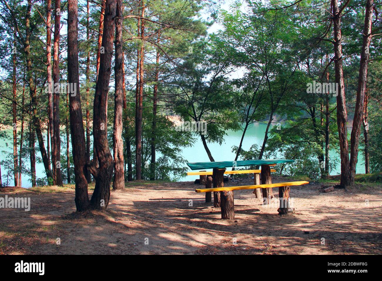 Recreation area near forest lake. Benches and table in forest near lake ...