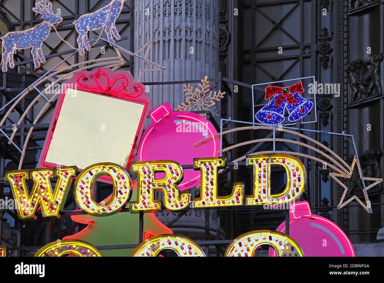 Big Christmas lights with world word Stock Photo - Alamy