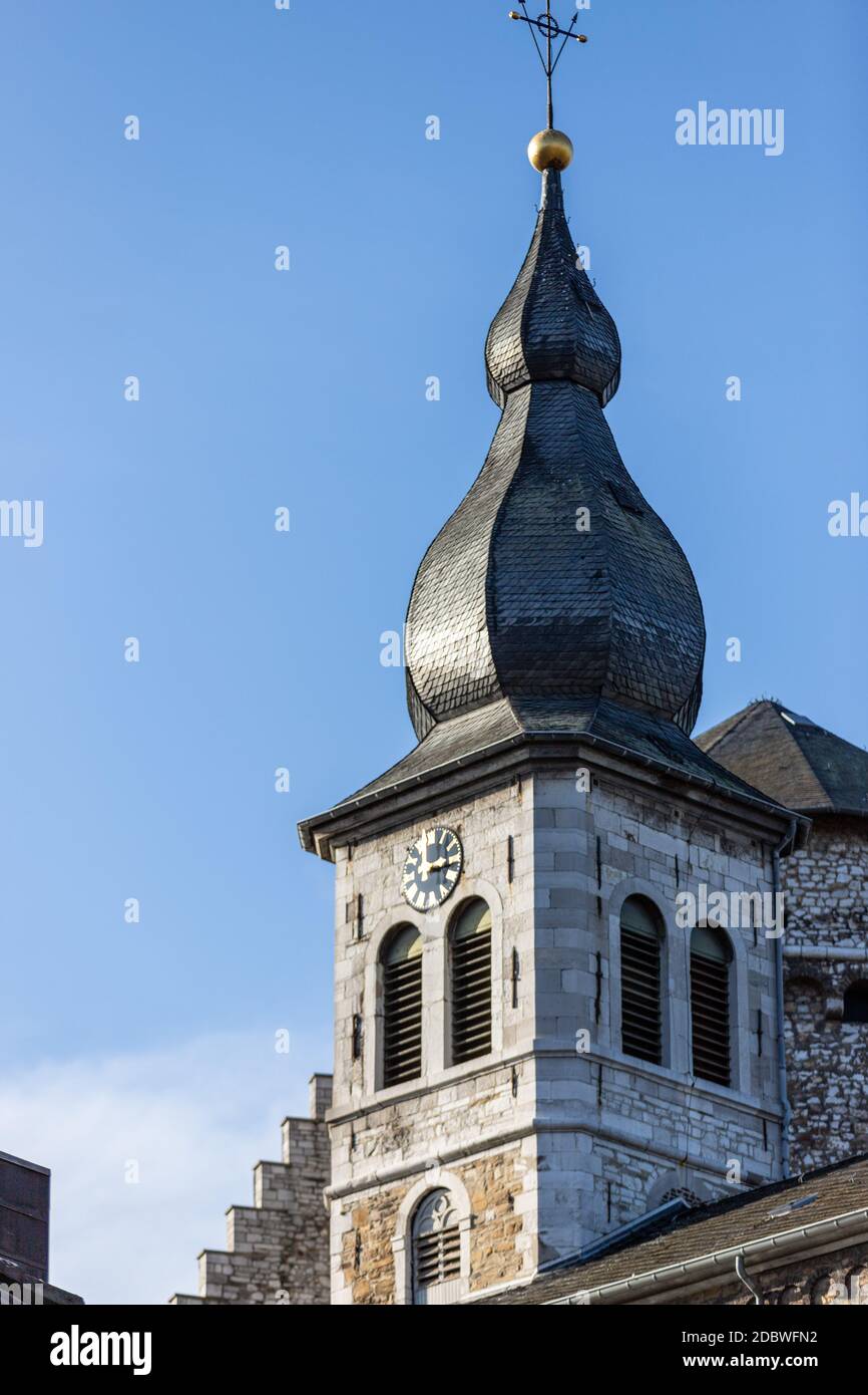 Low angle view at the tower of church Saint Lucia in Stolberg, Eifel ...