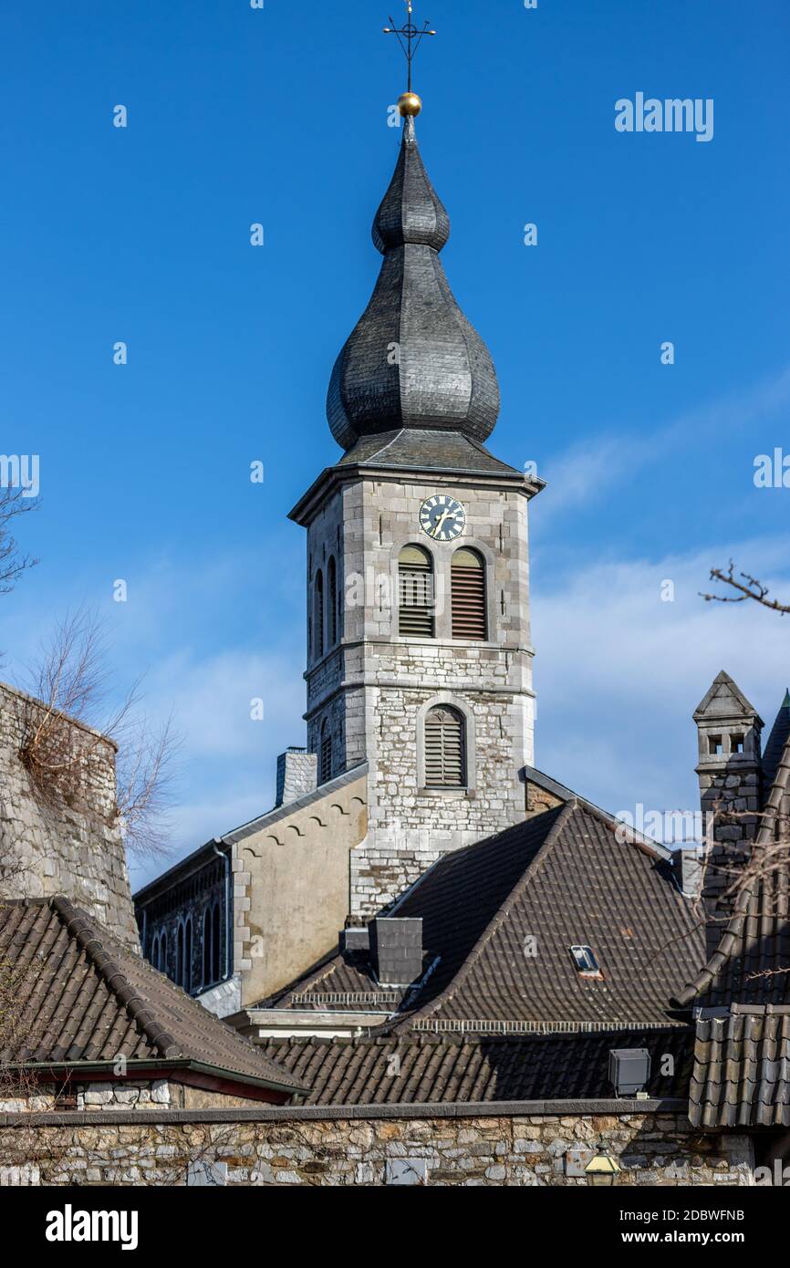 View at the tower of church Saint Lucia in Stolberg, Eifel, Germany ...