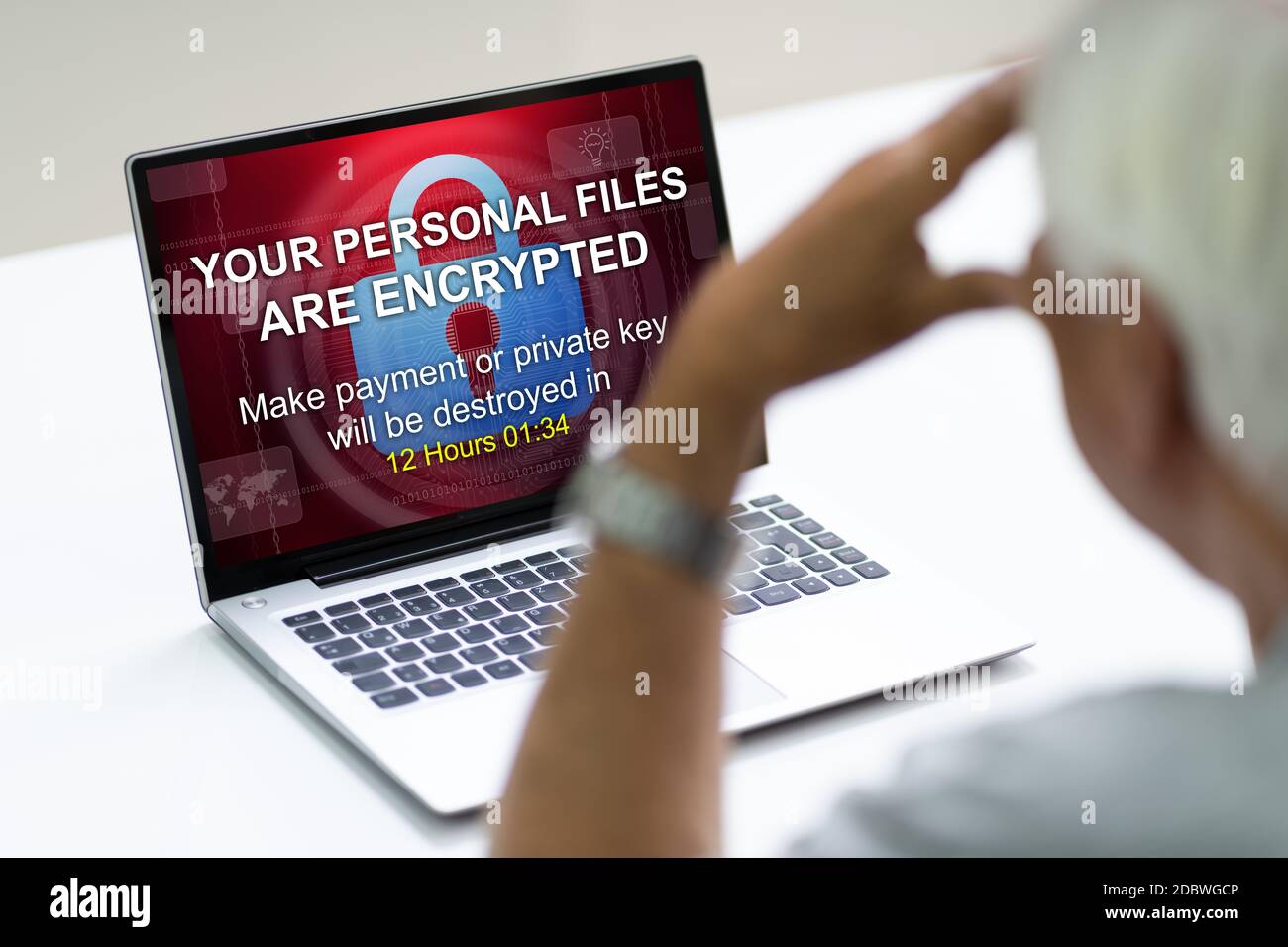 Elder Man With Ransom Text On Laptop Monitor After Ransomware Cyber ...