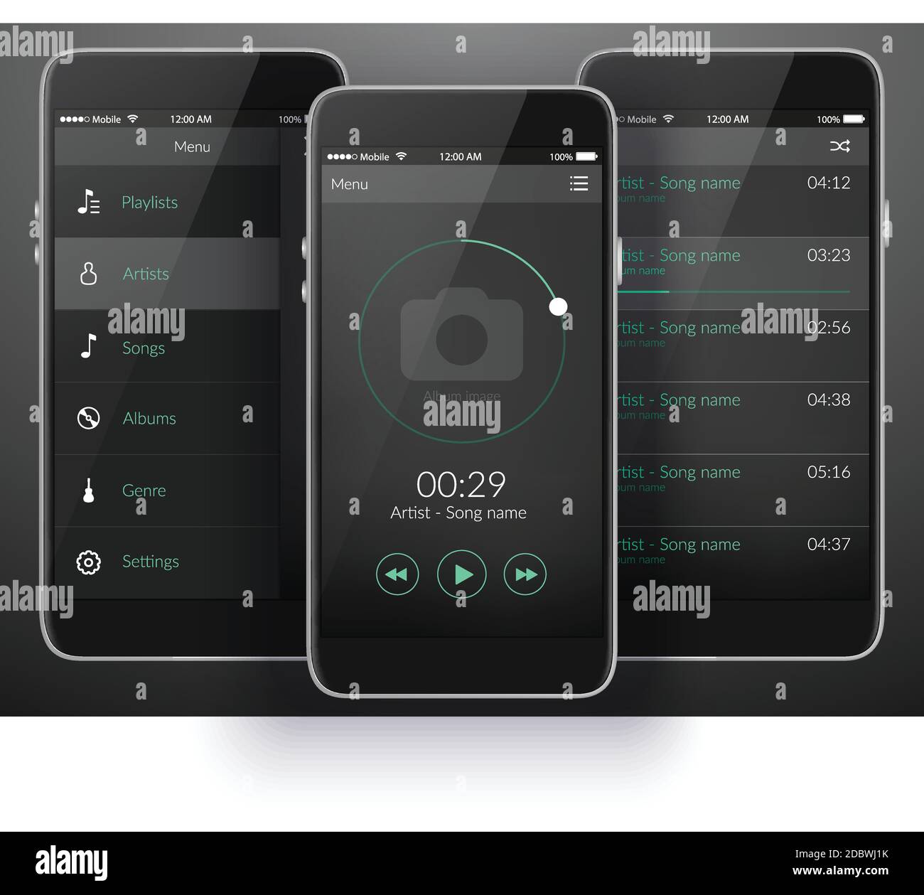 Mobile music application interface design concept in dark colors flat ...