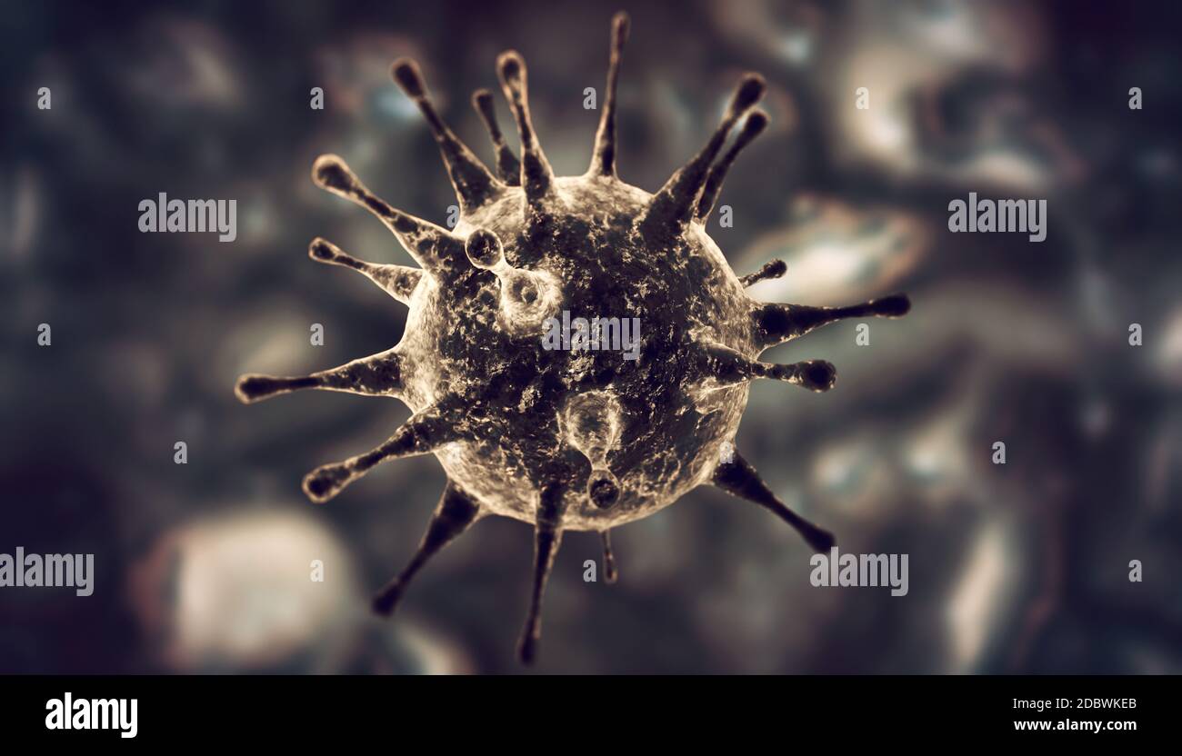 Microscopic view of influenza virus cells. 3D medical illustration ...