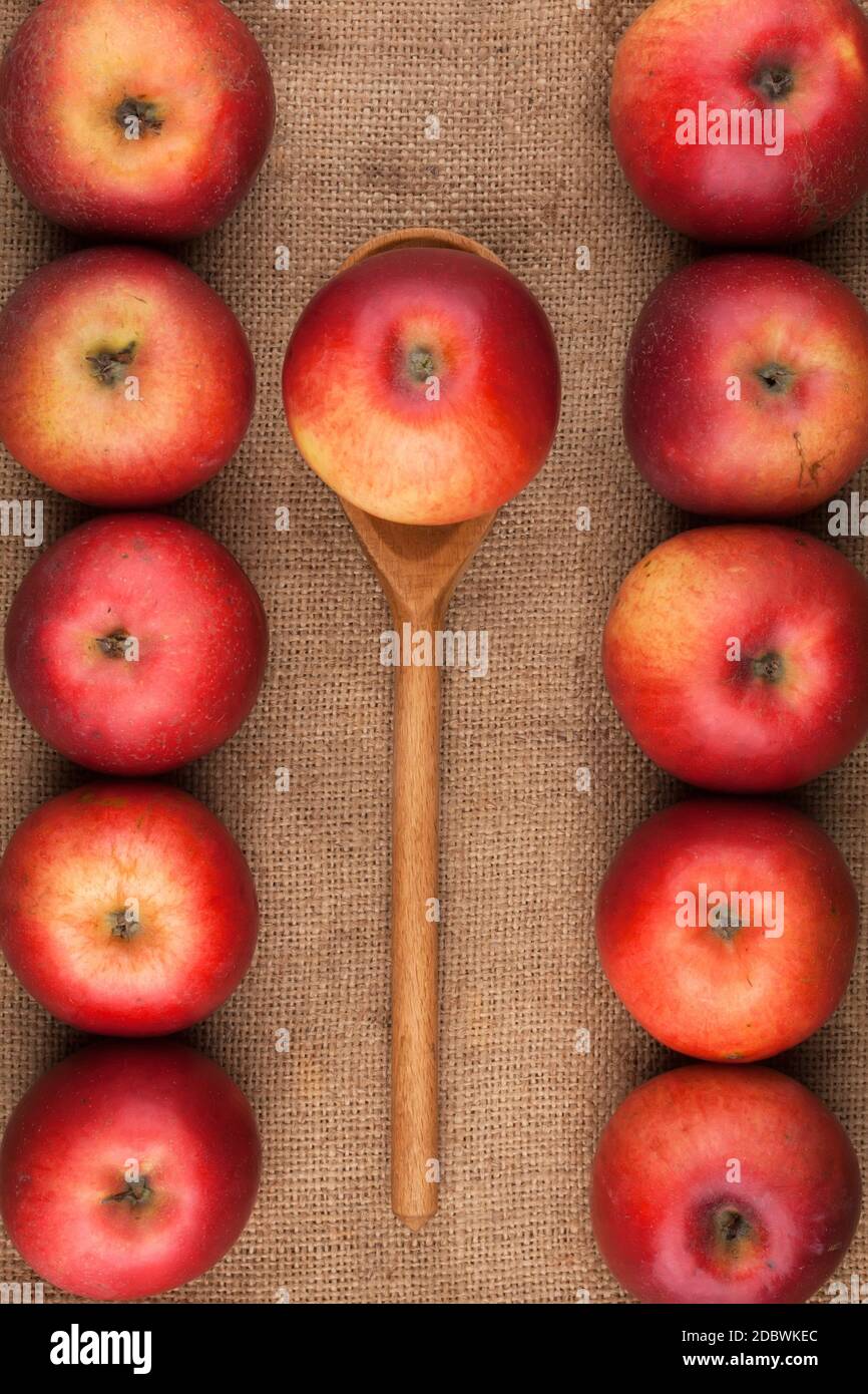 Spoon with red apple lying on the sackcloth among red apples, as ...