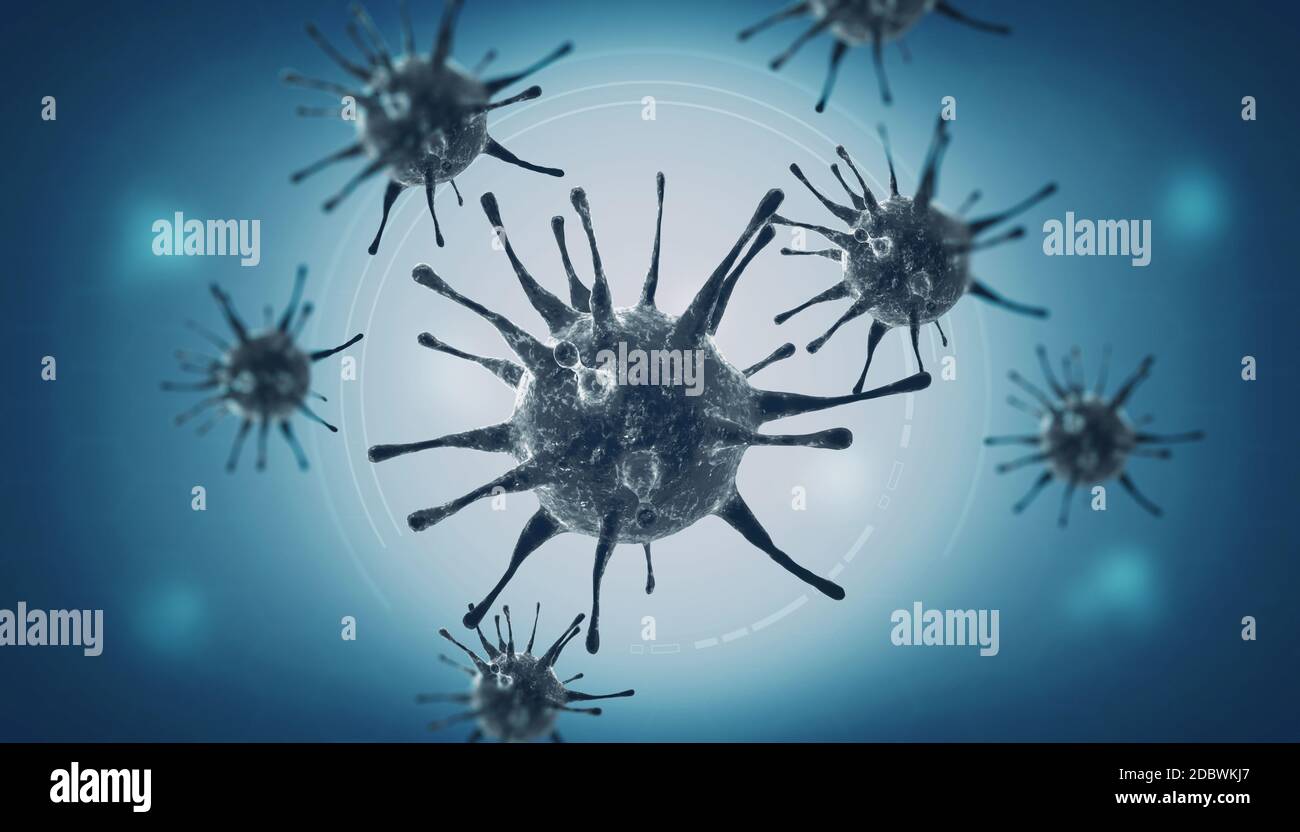 Microscopic view of influenza virus cells. 3D medical illustration ...