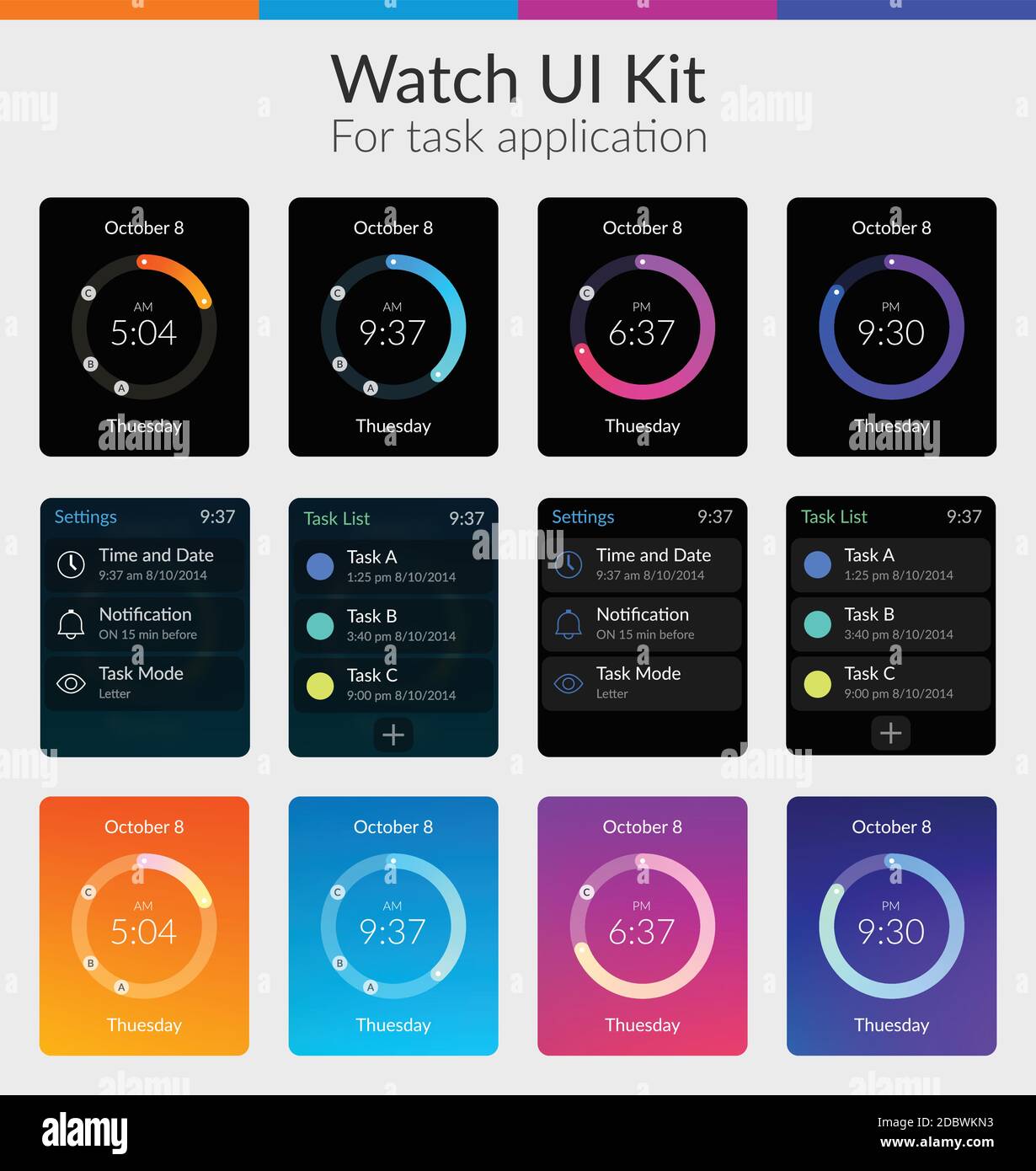 Watch ui kit design concept for task application with colorful elements ...