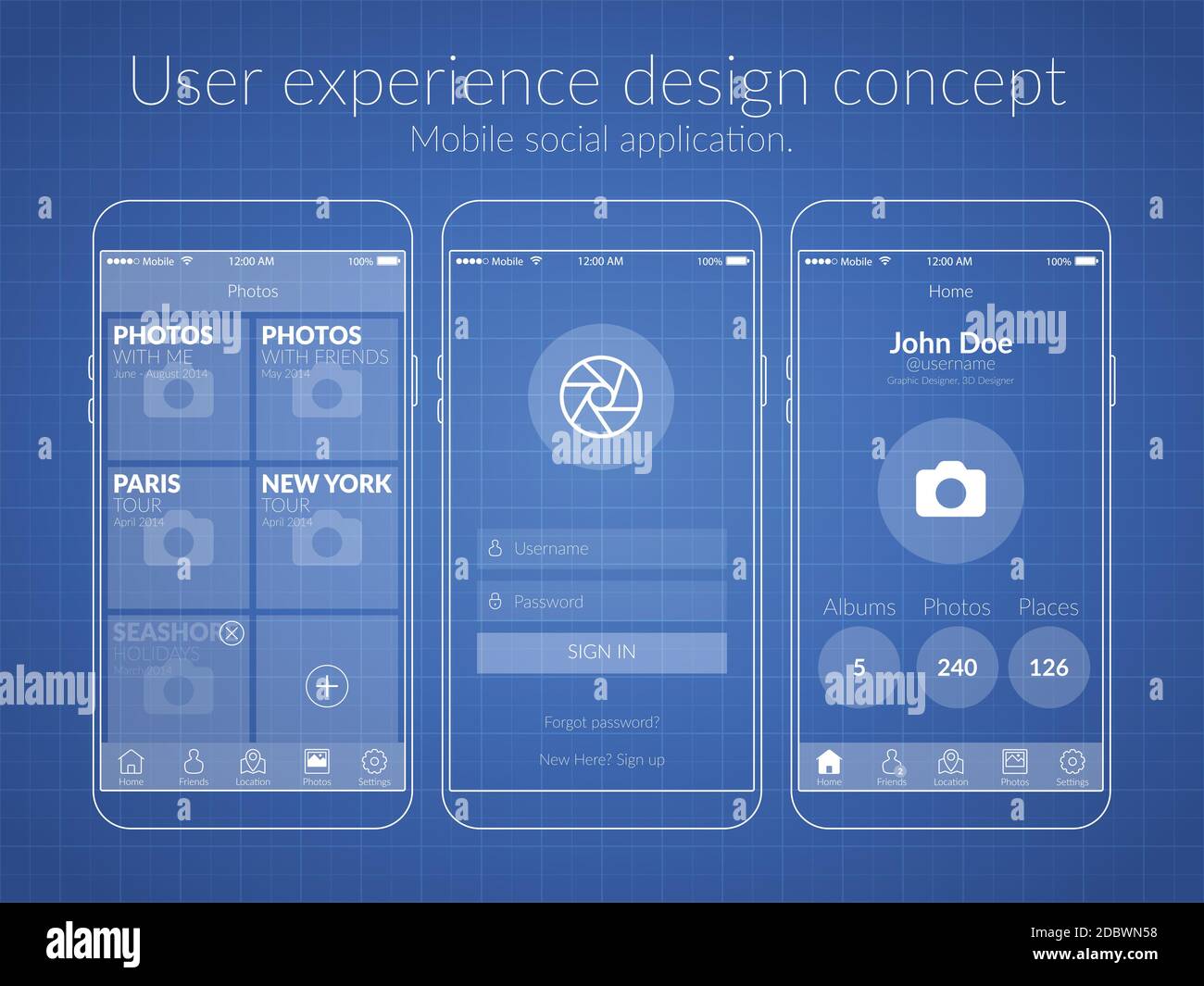 Mobile UX design concept with screens icons and web elements for social ...