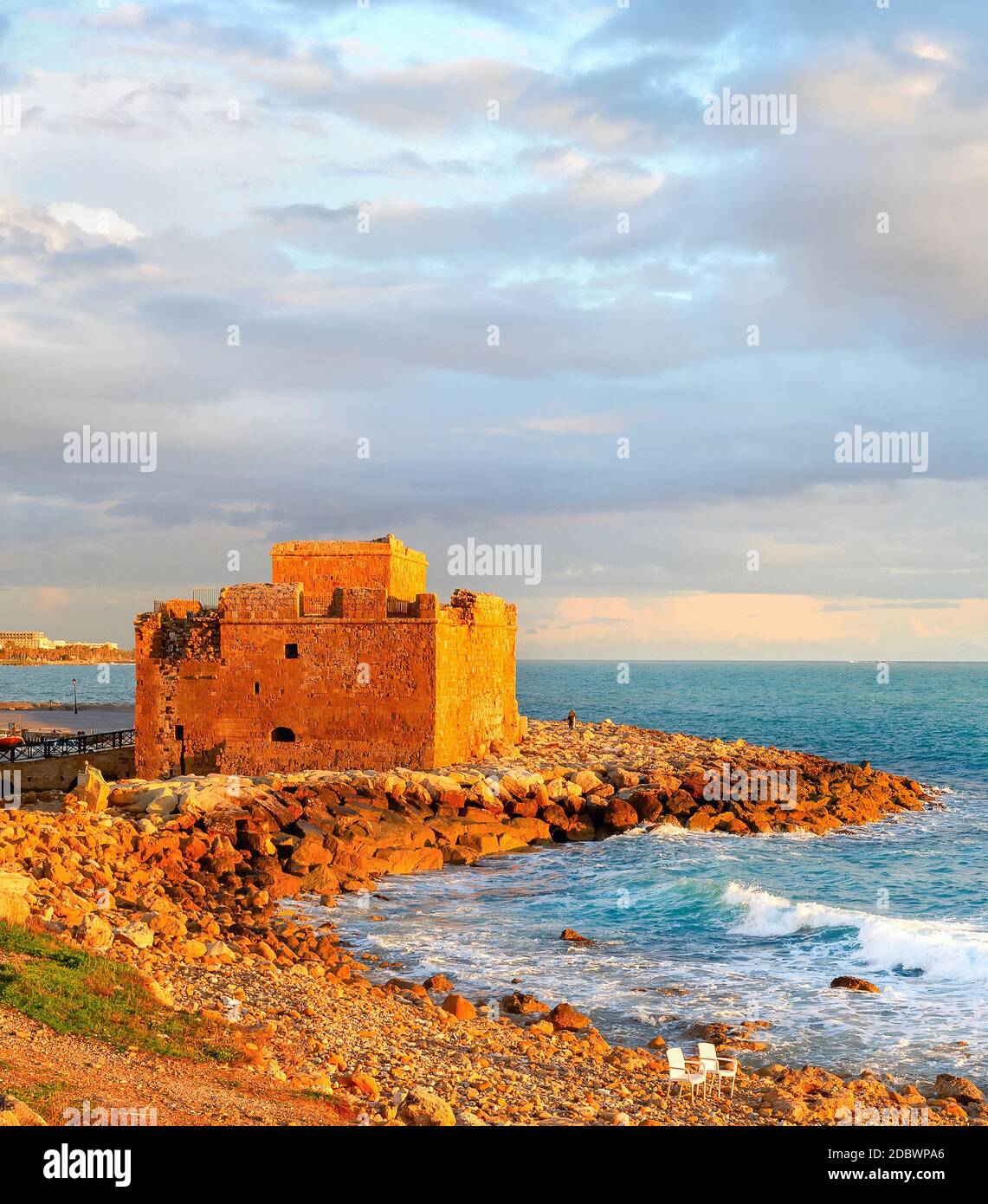 Scenic sunset seascape with clouds and Paphos Harbour Castle view ...