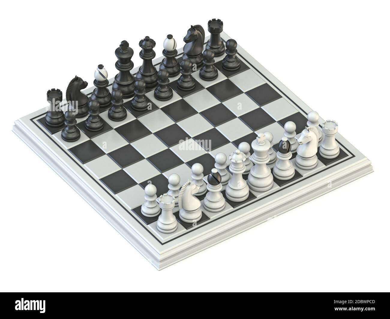 Chess board start position 3D render illustration isolated on white ...