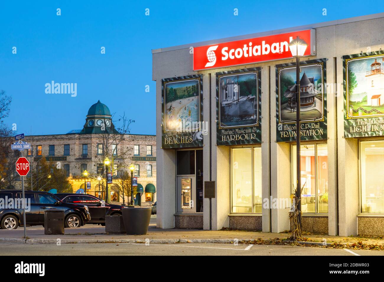 Historical buildings at Courthouse Square at dusk in Downtown Goderich ...
