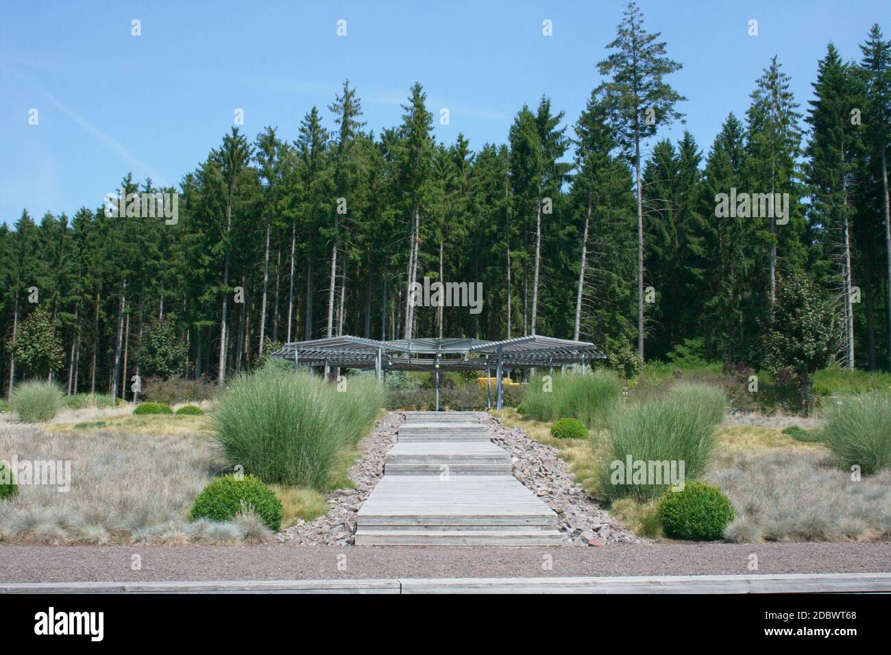 A covered rest area before tall trees Stock Photo - Alamy