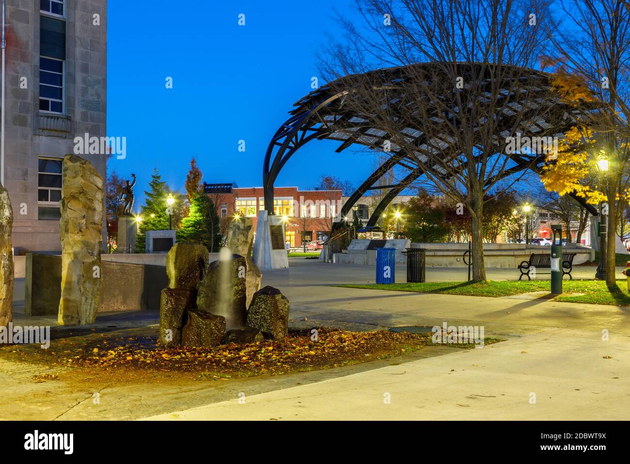 Courthouse Park within Courthouse Square at dusk in Downtown Goderich ...