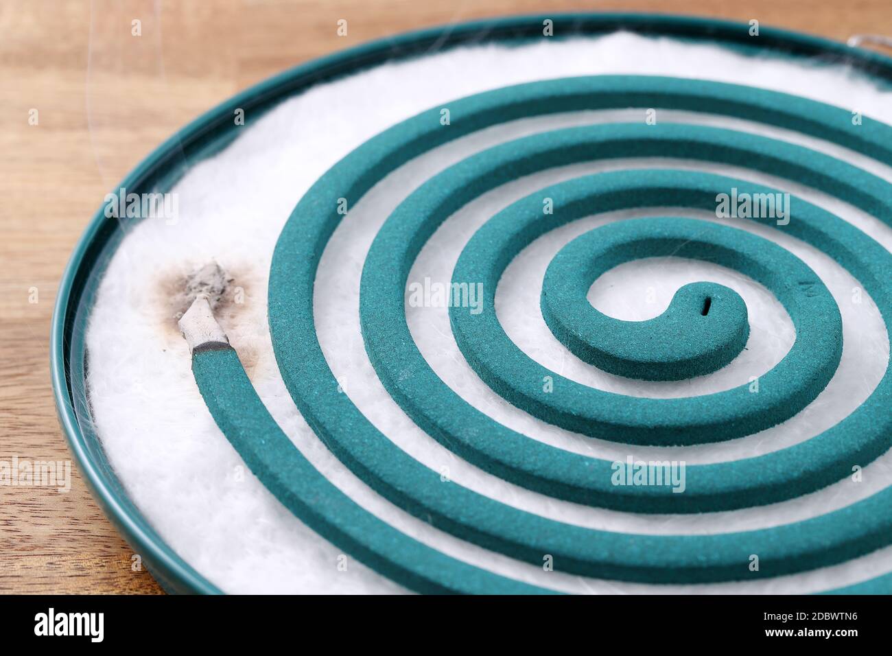 Classic green mosquito coil in a metal plate on table Stock Photo - Alamy
