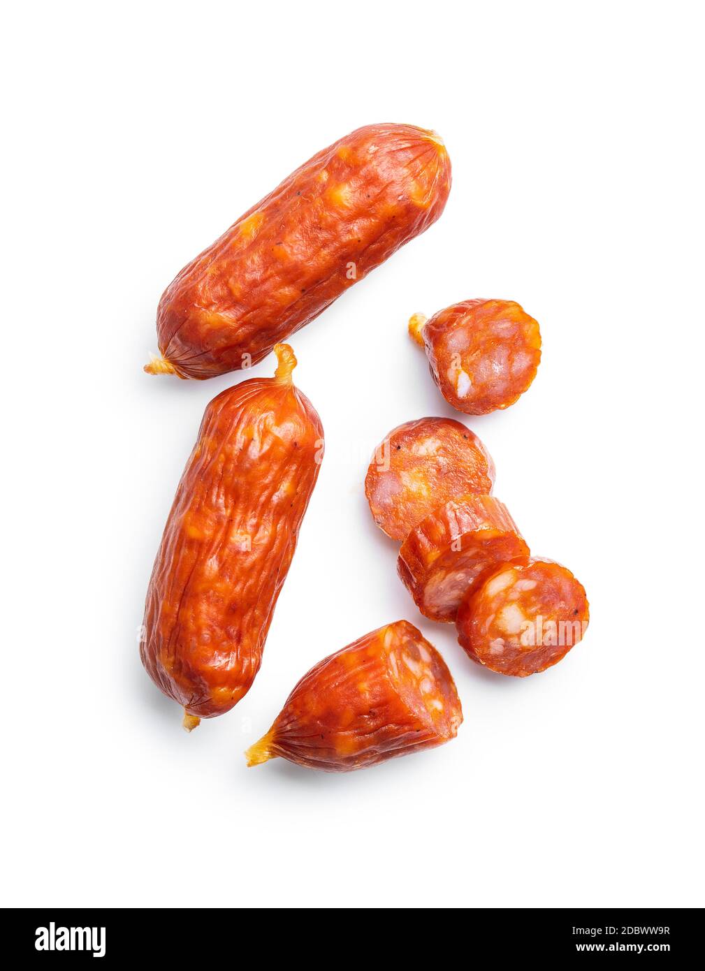 Sliced mini salami sausages isolated on white background Stock Photo ...