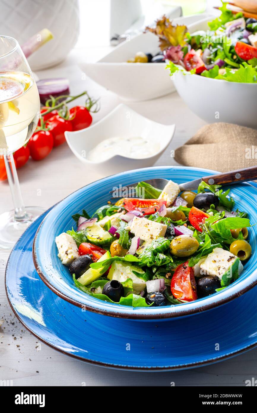 Rustic Greek salad with sheep's cheese Stock Photo - Alamy