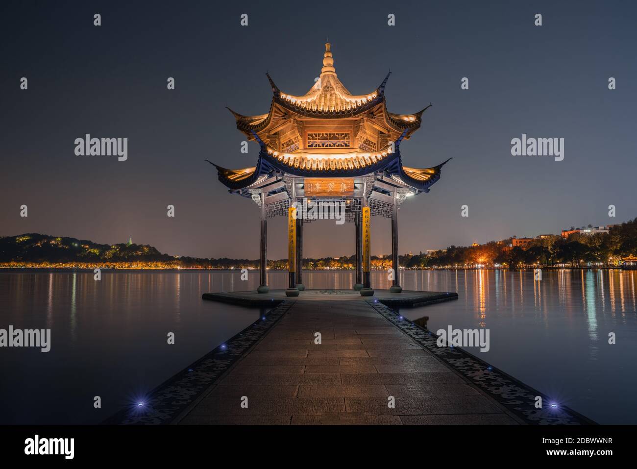 Night view of Jixian pavilion, the landmark at the West Lake in ...