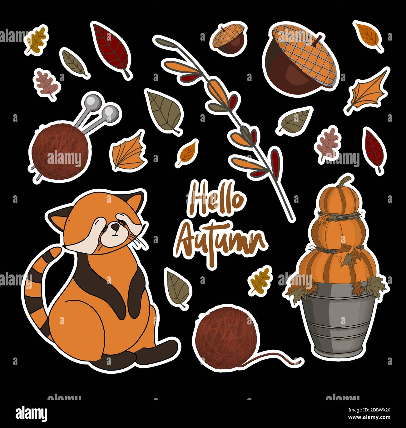 Vector autumn set of stickers. PUMPKINS AND BRANCHES. Autumn leaves ...