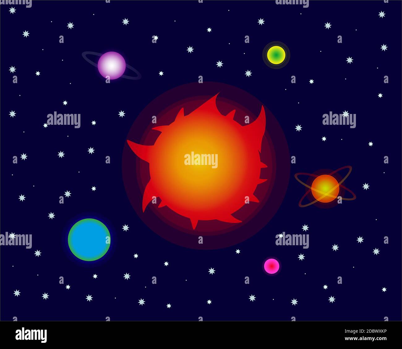 Solar system with Sun and fantastic planets and stars Stock Photo - Alamy