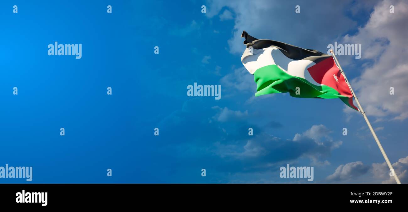 Beautiful national state flag of Jordan with blank space on wide ...