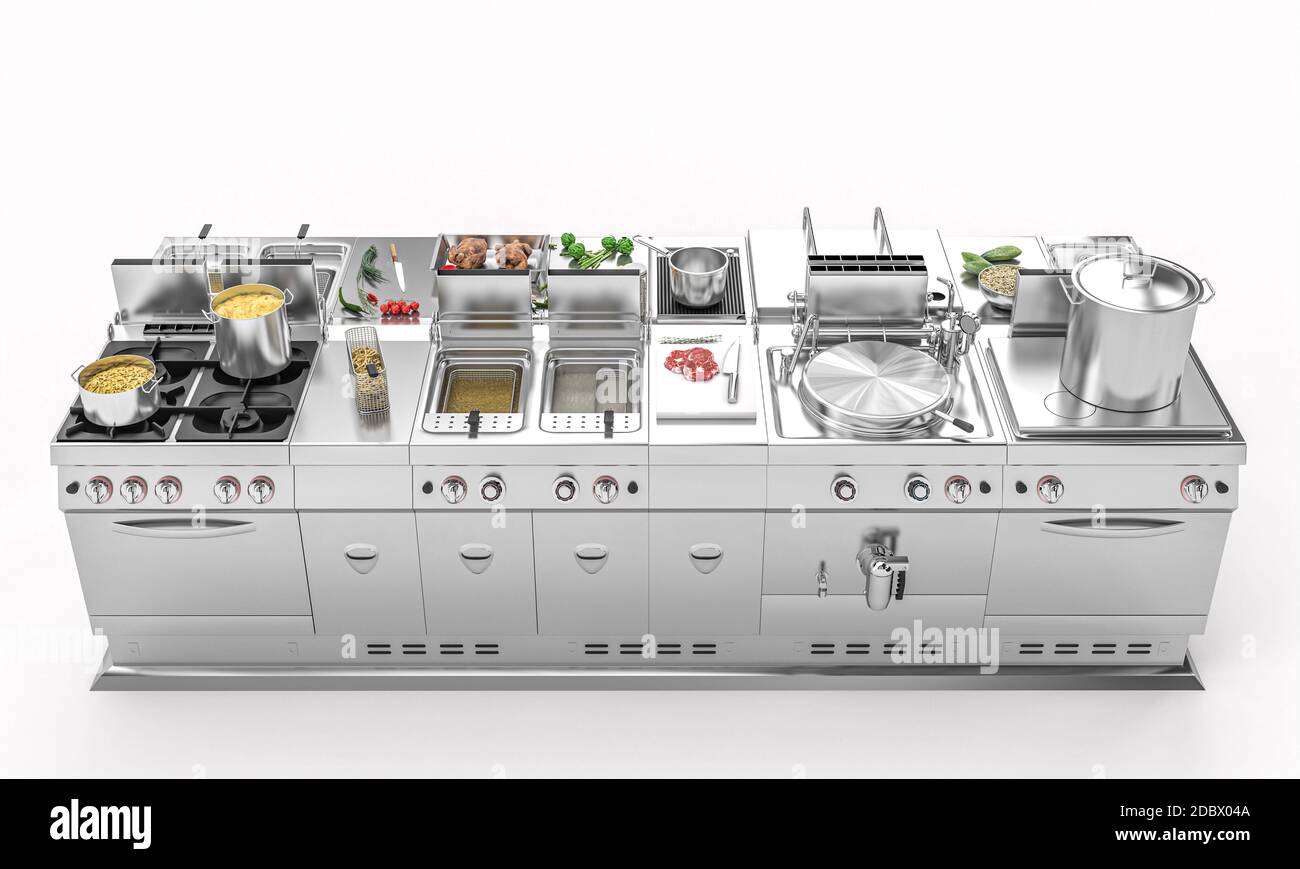 professional kitchen in modular steel with fresh food. catering concept ...
