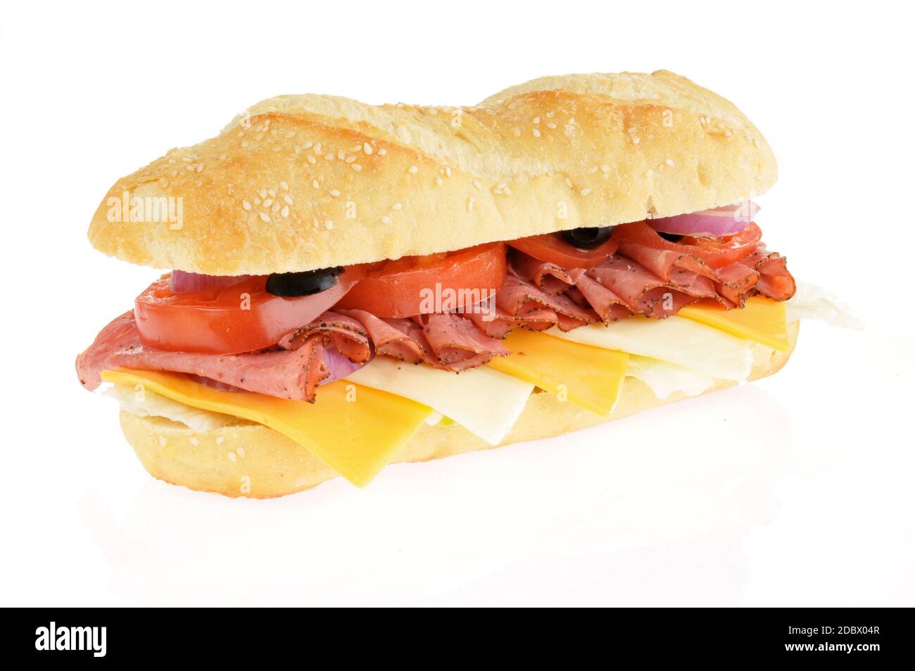 A roasst beef and cheese submarine sandwich on a white background Stock ...