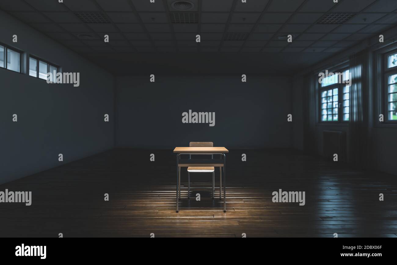 lonely classroom desk with wooden floor. concept of social distancing ...