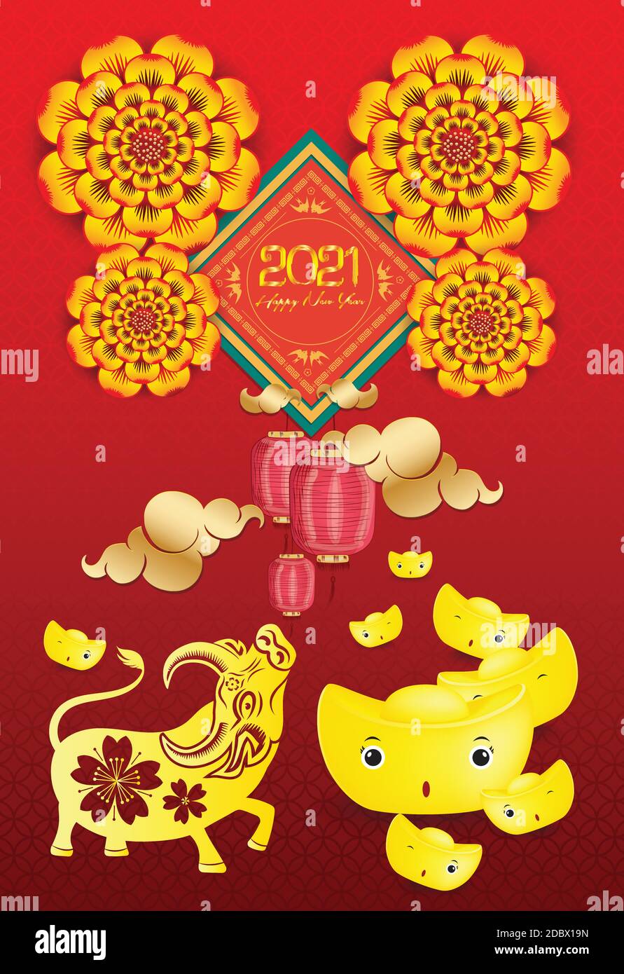 Chinese new year 2021 - Year of the Ox. Chinese God and gold ingots ...
