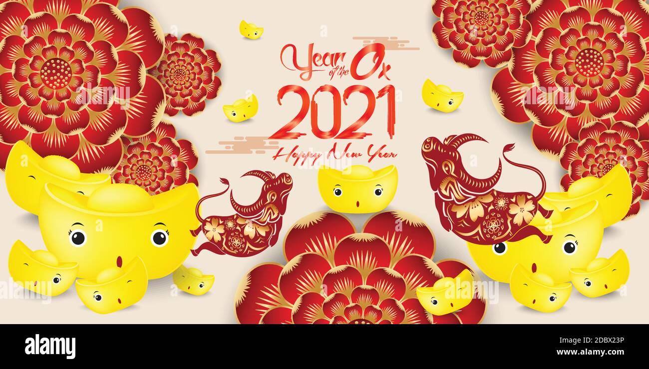 Chinese new year 2021 - Year of the Ox. Gold ingots, flower and asian ...