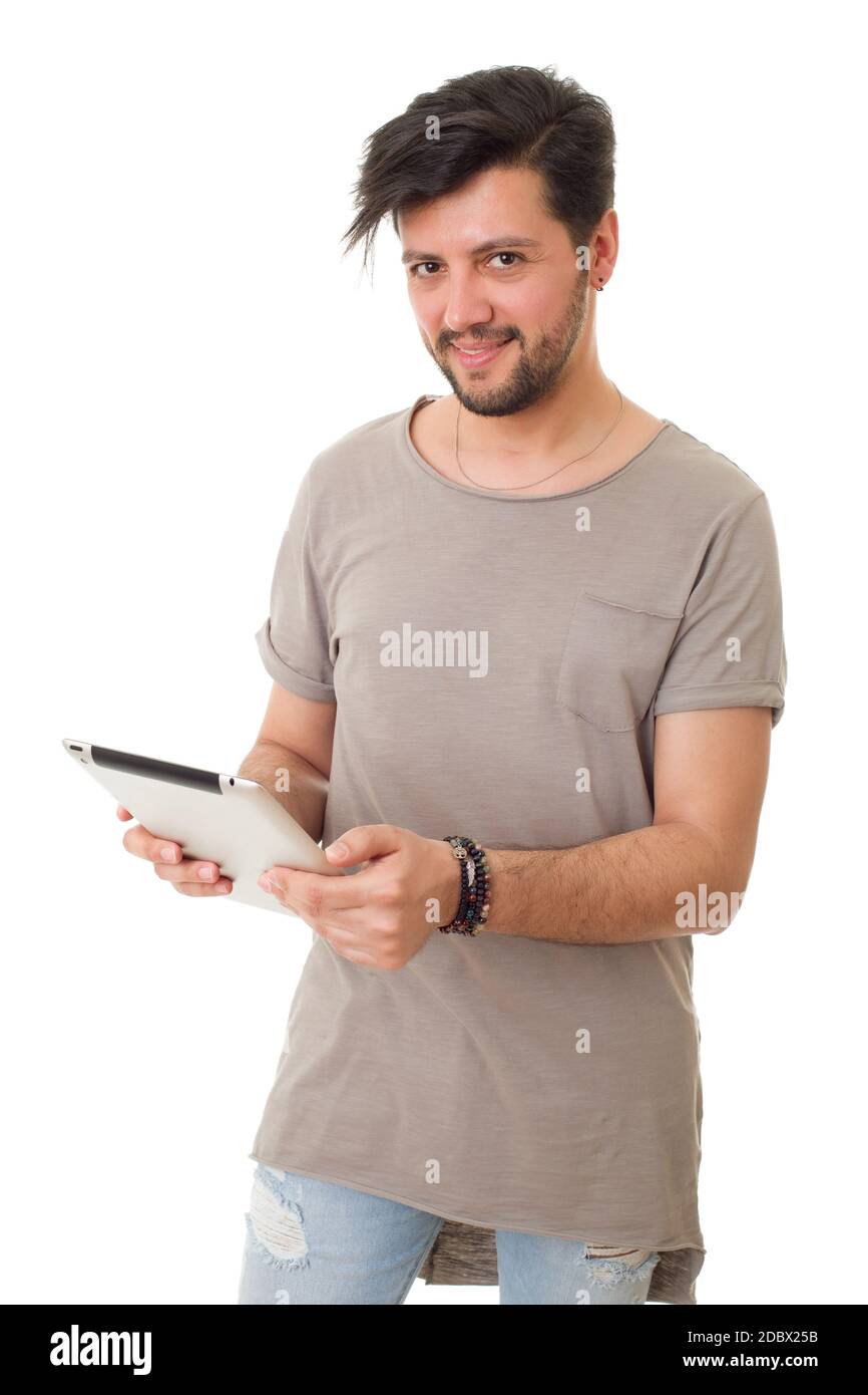 casual man working with his tablet pc, isolated Stock Photo - Alamy