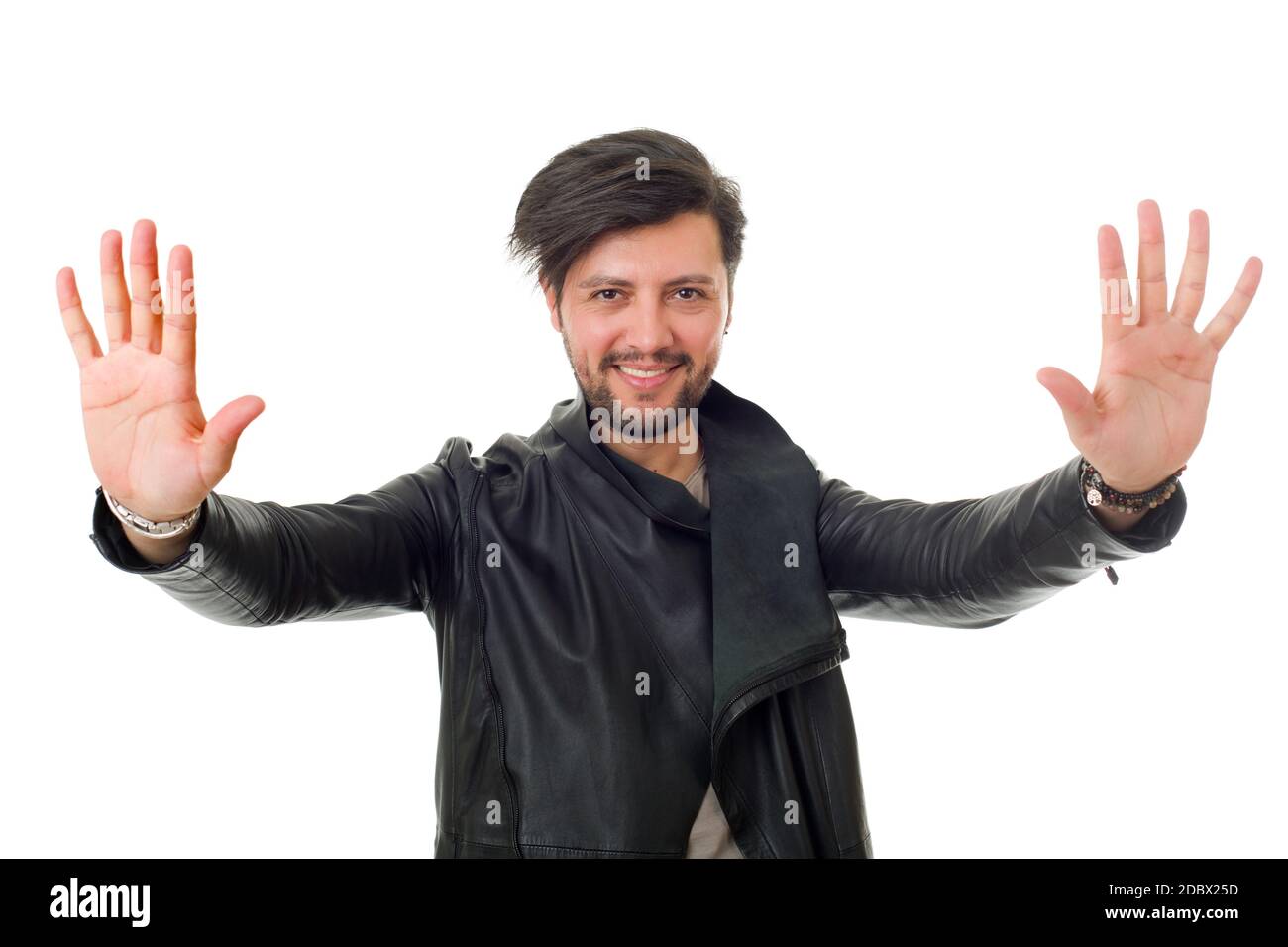 young happy man making stop, isolated Stock Photo - Alamy