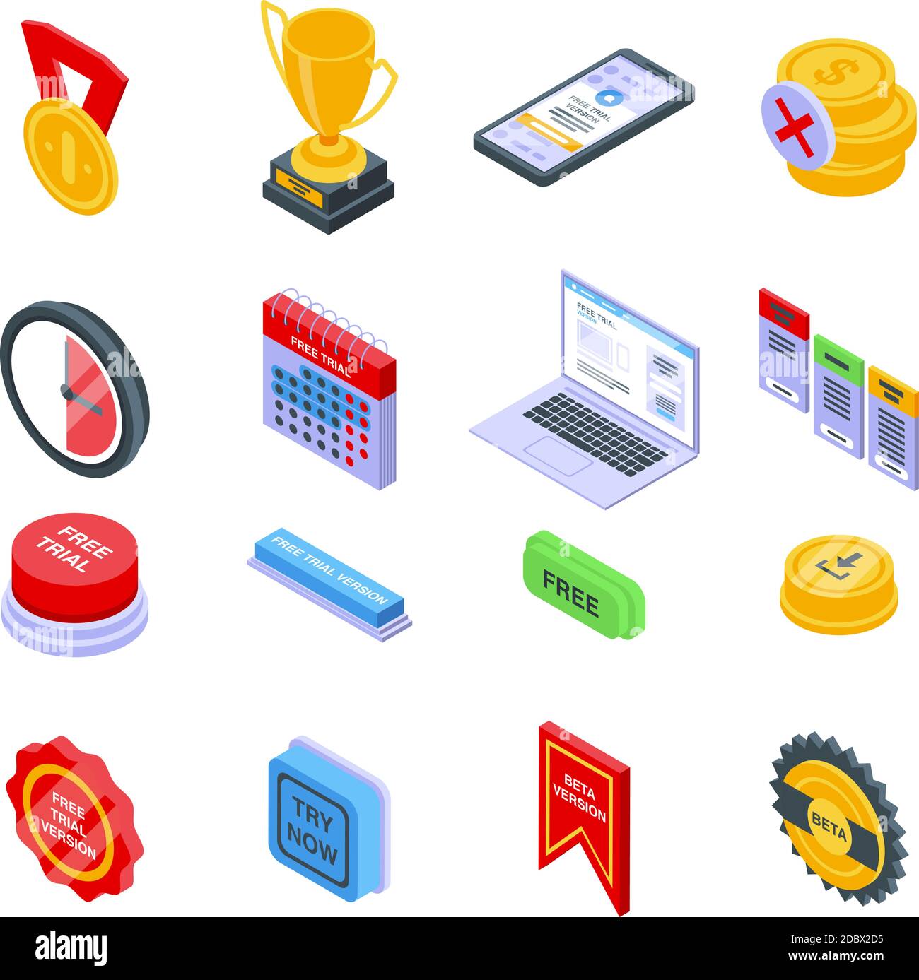 Free trial version icons set. Isometric set of free trial version ...